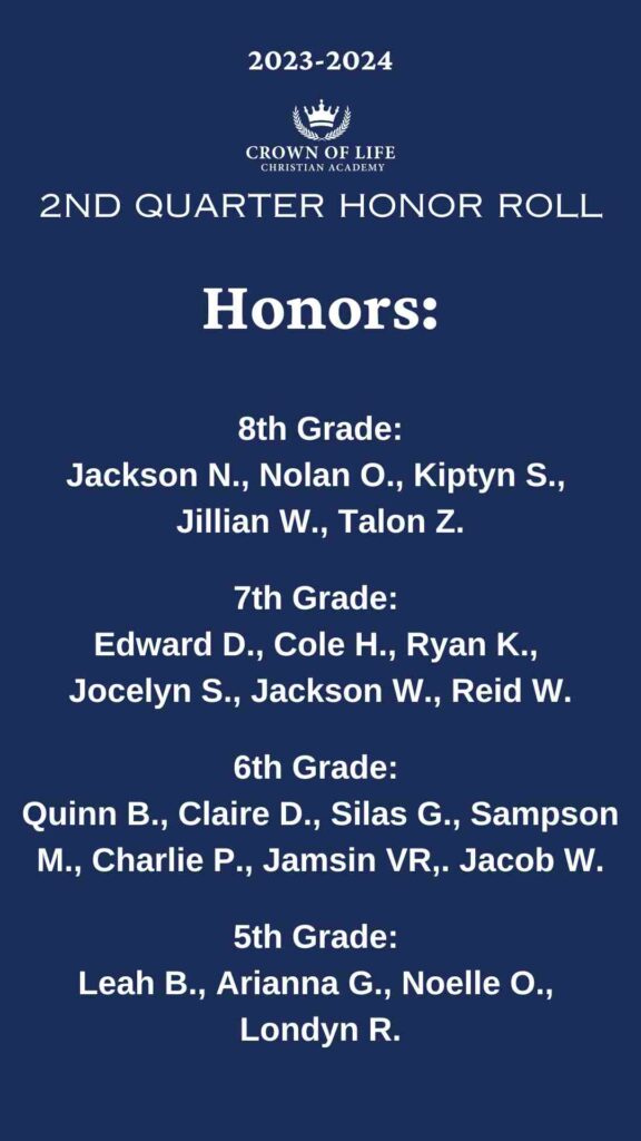 2nd Quarter Academic Honors – Crown of Life Academy